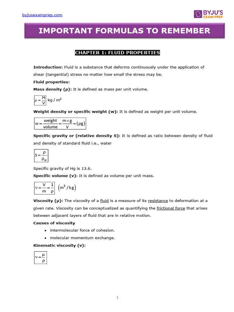 Formula Notes Fluid Mechanics 60 | PDF | Viscosity | Fluid Mechanics