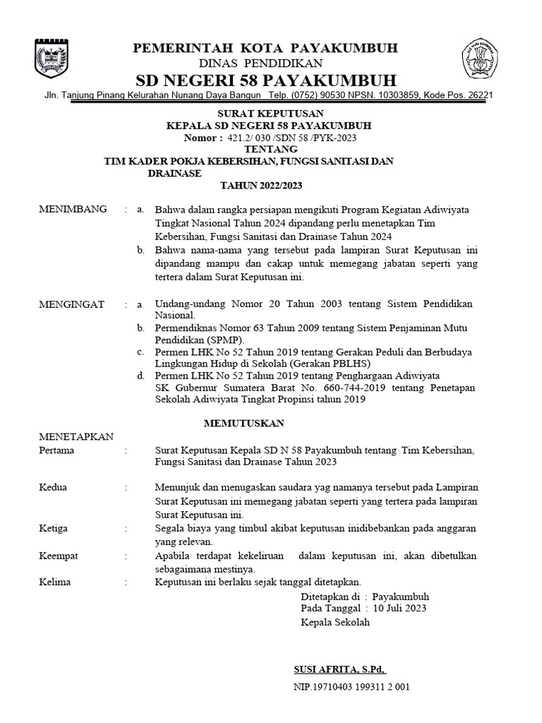 2022-2023 SK Tim Pokja Kebersihan | PDF