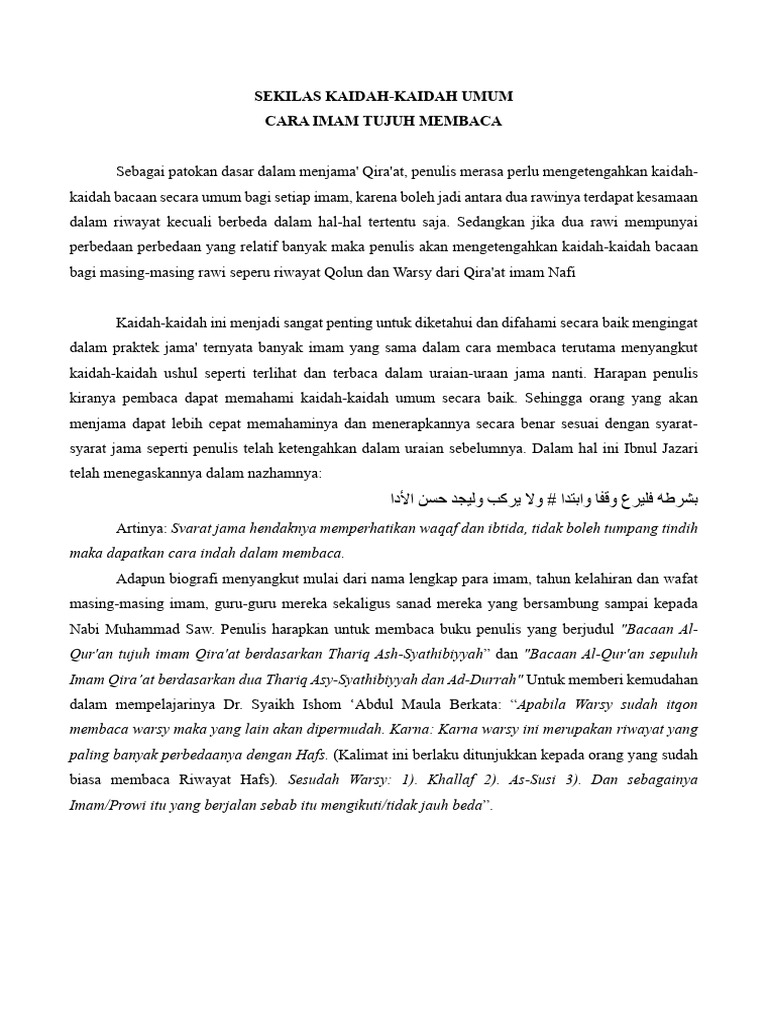 Ringkasan Qoidah Ushul Qiro'at - Riwayat Warsy 'An Nafi' | PDF | Seni & Disiplin Bahasa | Agama ...