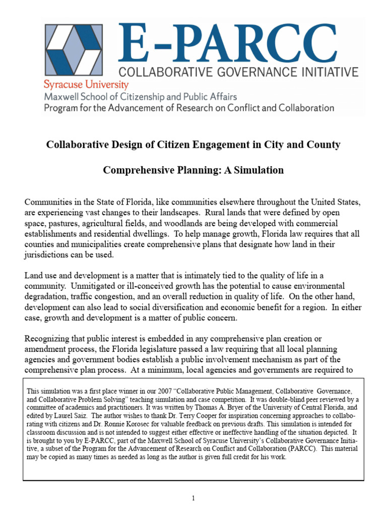 Collaborative Design of Citizen Engagement in City and County Comprehensive Planning Thomas a ...