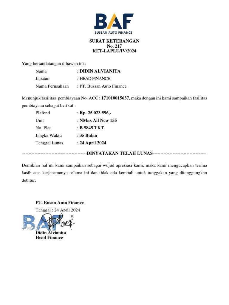 Surat Pelunasan BAF 1 | PDF