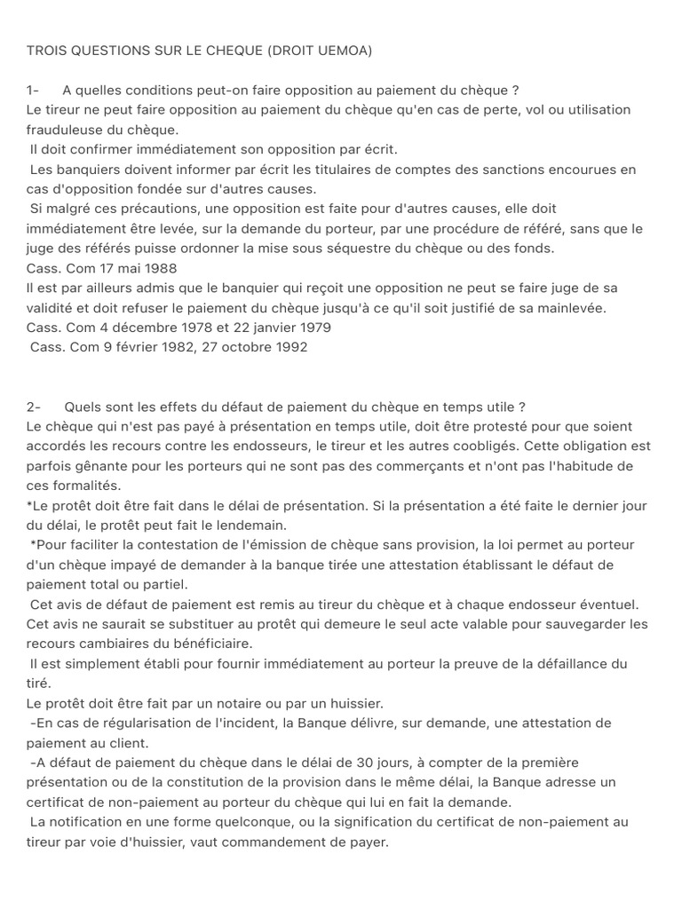 Questions sur le chèque UEMOA | PDF | Chèque | Banques