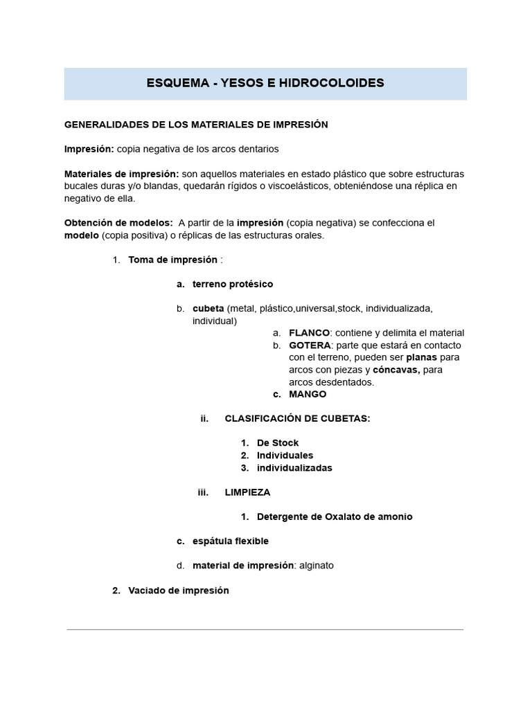 Clase 4 - Esquema - Yesos e Hidrocoloides | PDF | Yeso | Materiales