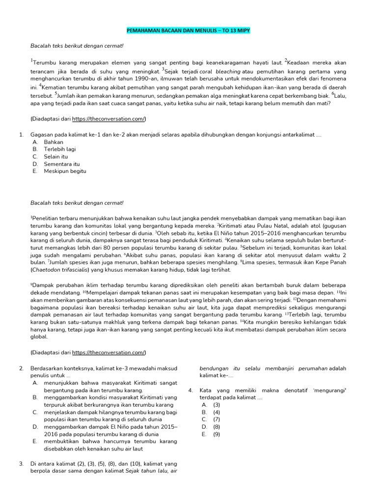 Bacalah Teks Berikut Dengan Cermat!: Pemahaman Bacaan Dan Menulis - To 13 Mipy | PDF