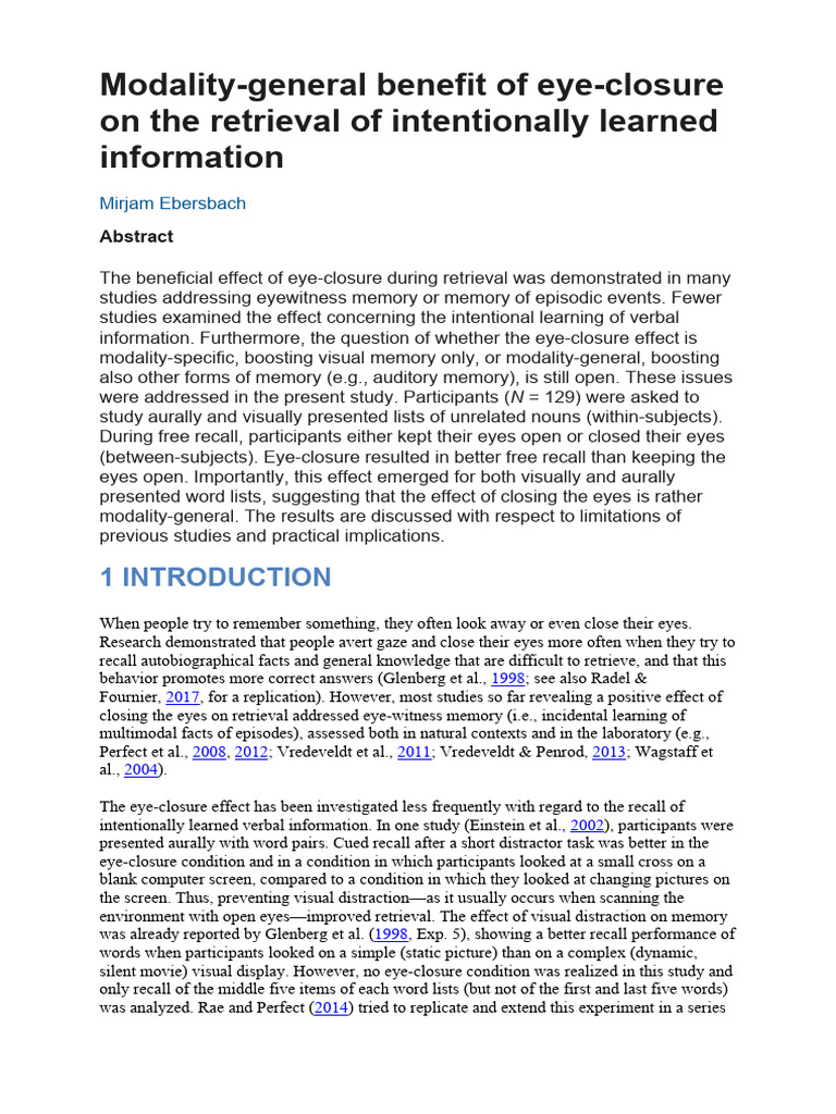 Eye Closure Enhances Memory Recall | PDF | Recall (Memory) | Memory