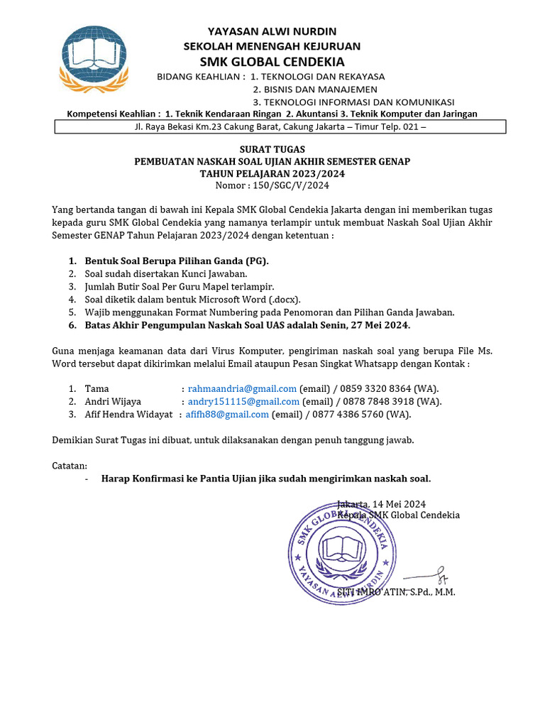 Surat Tugas Pembuatan Soal UAS 2324 - Genap | PDF