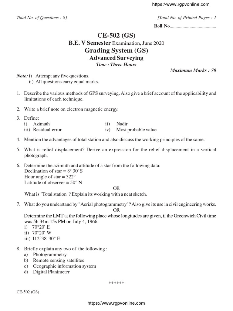 Ce 502 Advanced Surveying Jun 2020 | PDF