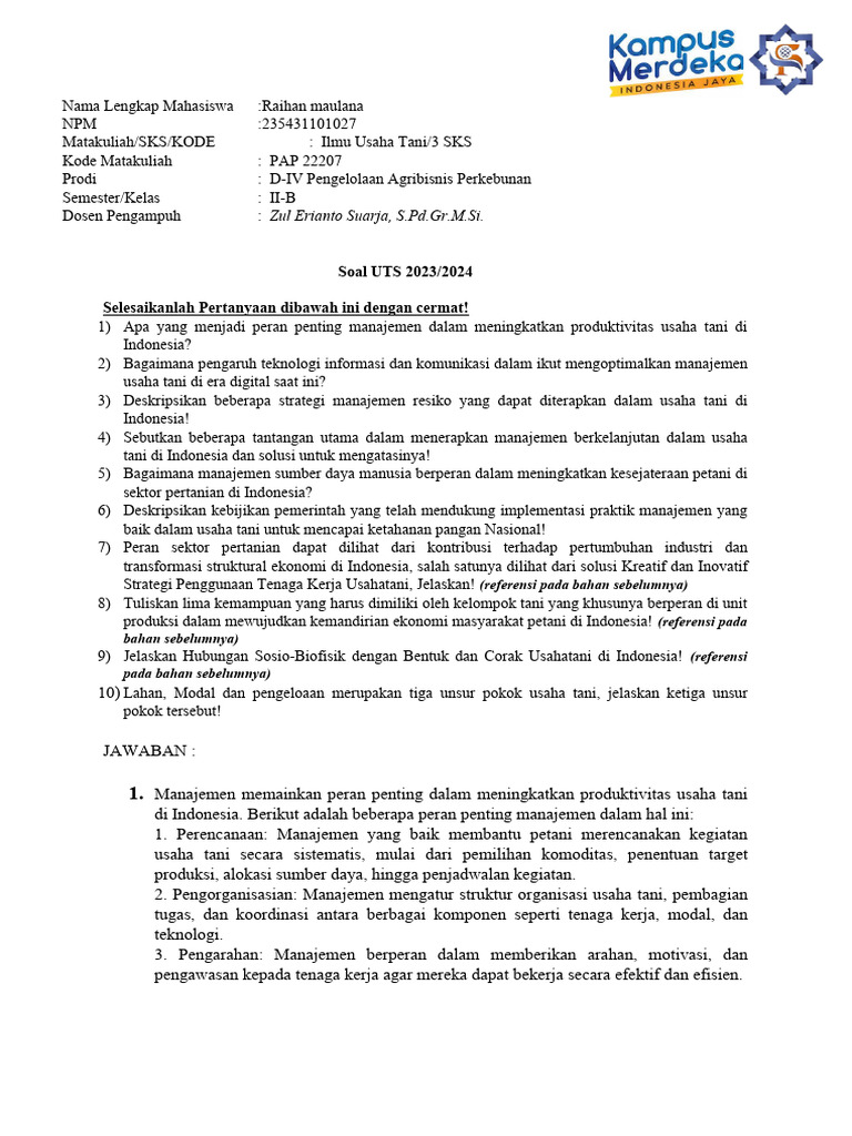 Soal UTS Ilmu Usaha Tani RAIHAN M. | PDF | Ilmu Sosial