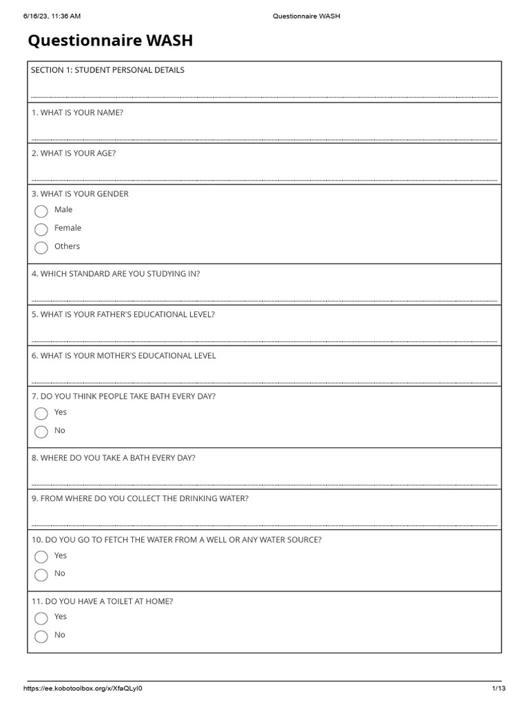 WASH Questionnaire for Students | PDF | Toilet | Hygiene