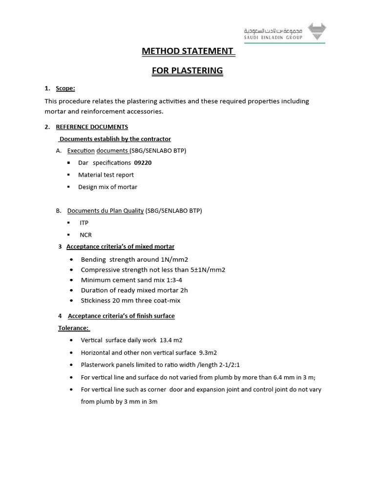 method statement plastering | PDF | Concrete | Mortar (Masonry)