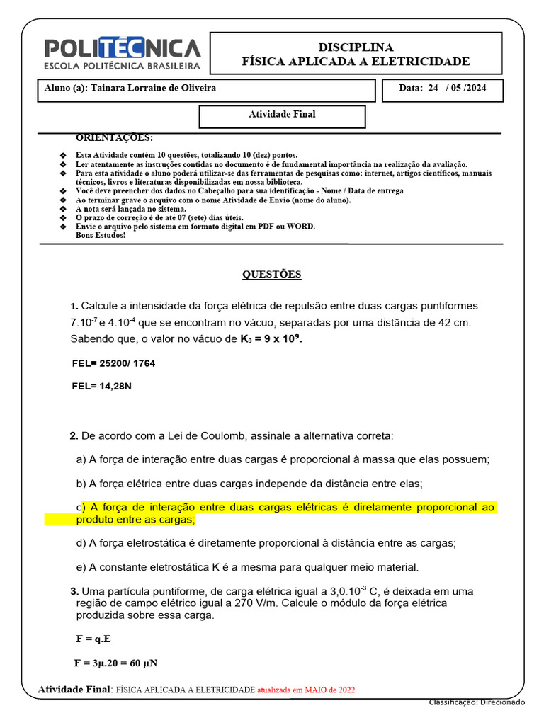 Atividade Final Revisão de Física Aplicada À Eletro-Eletrônica | PDF | Eletricidade | Campo elétrico