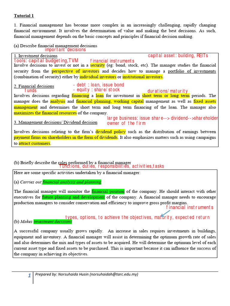 BBMF2013 Tutorial Answers Chapter 1 Scope and Nature of Managerial Finance | PDF | Financial ...