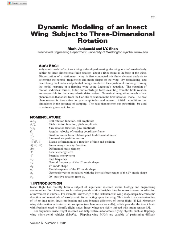 Jankauski Shen 2014 Dynamic Modeling of An Insect Wing Subject To Three ...