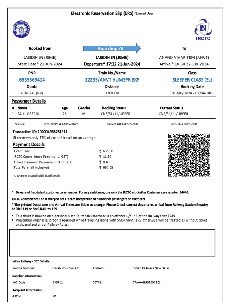 12235/anvt Humsfr Exp Sleeper Class (SL) | PDF | Identity Document