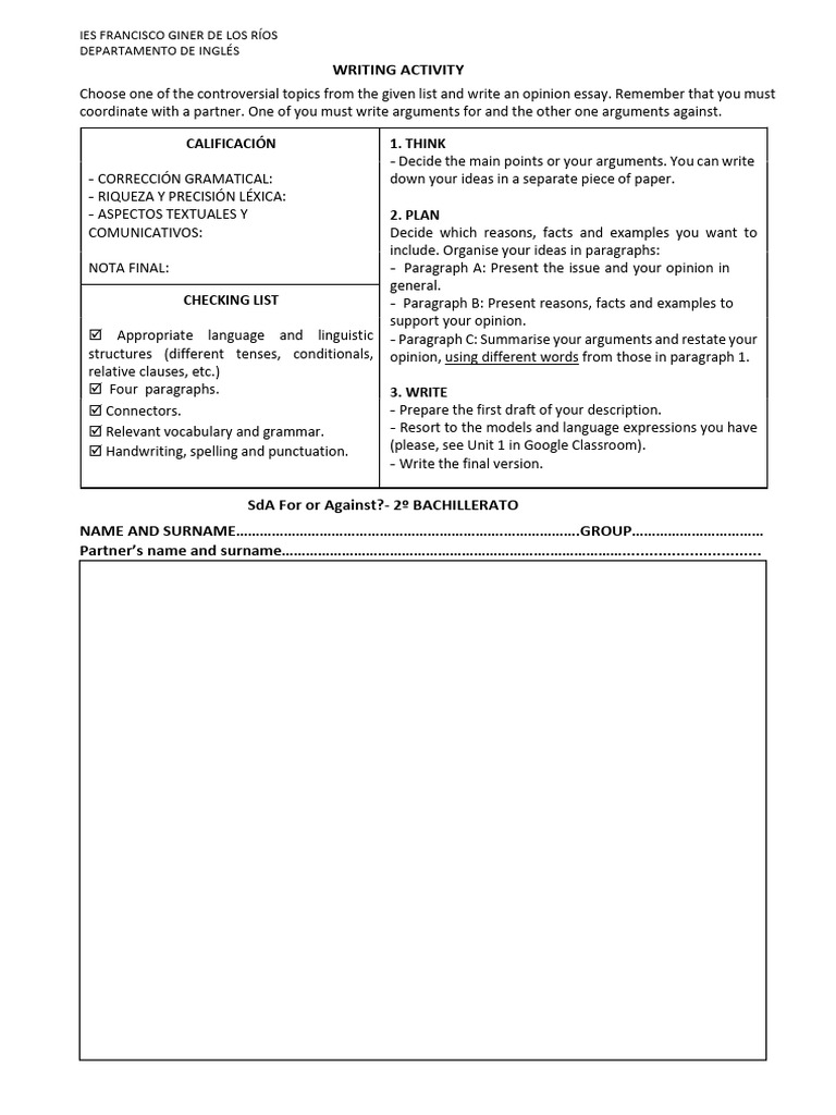 SdA Worksheet Writing Opinion Essay | PDF | Foreign Language Studies | Computers