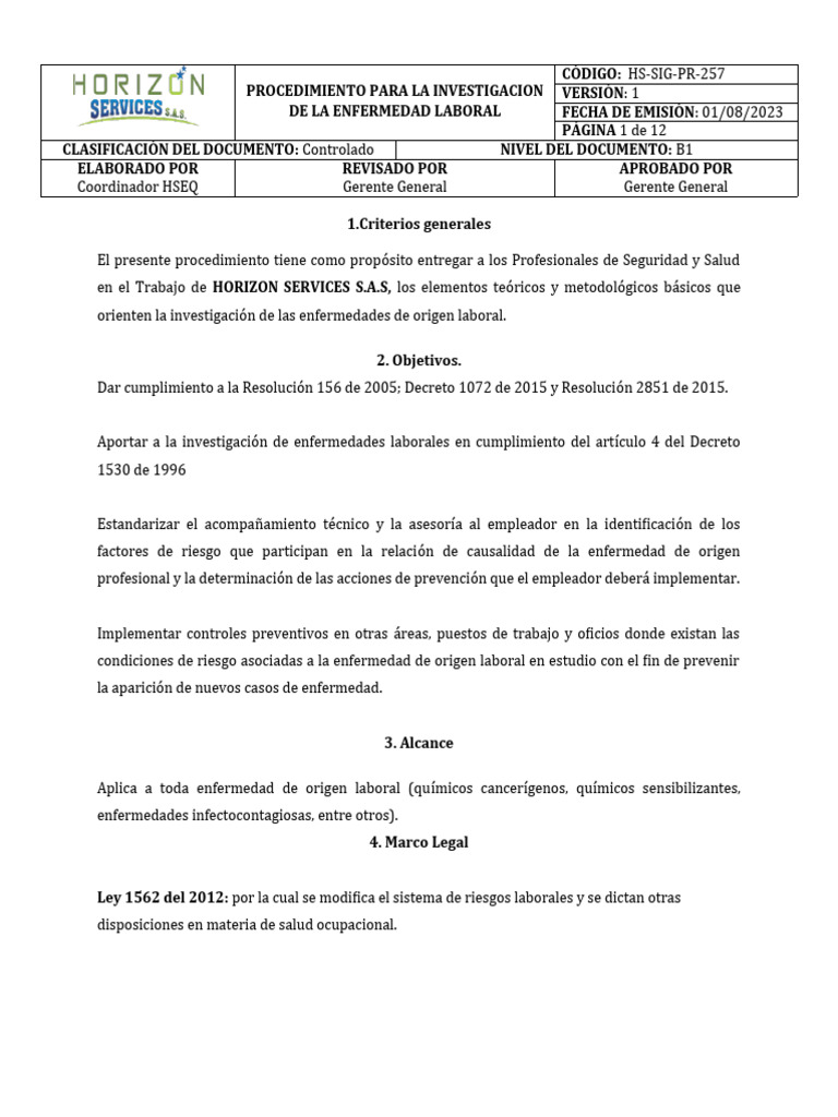 Hs-Sig-Pro-257 Procedimiento para La Investigacion de Enfermedad Laboral V1 | PDF | Documento de ...