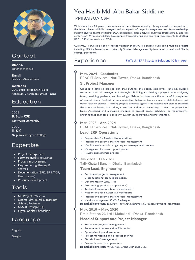 Hasib Siddique 15yrs PM SQA CSM BA | PDF | Project Management | Enterprise Resource Planning