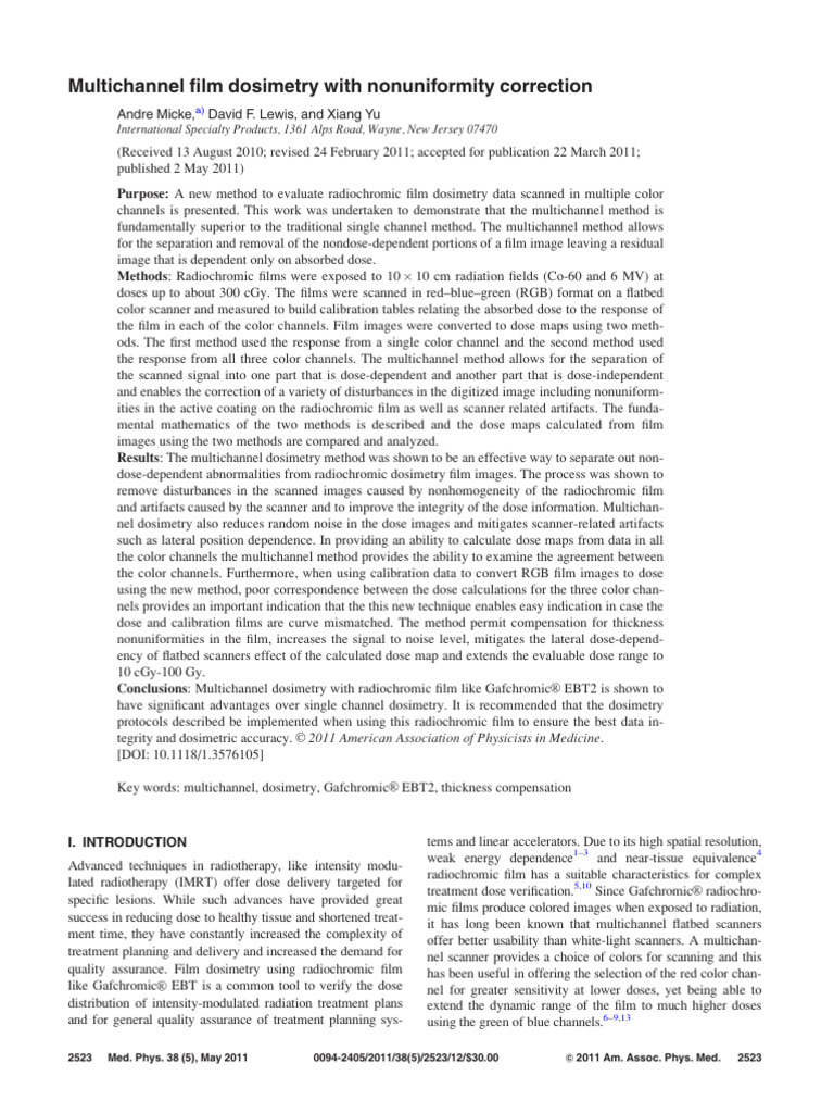 AAPM - Multichannel film dosimetry with nonuniformity correction | PDF | Dosimetry | Image Scanner