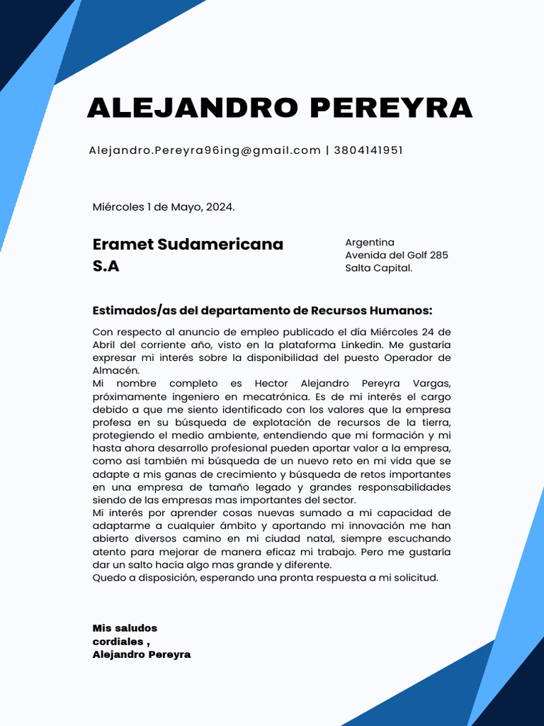 Carta de Presentación Hector Alejandro Pereyra Vargas - 39297877 | PDF | Crecimiento personal y ...