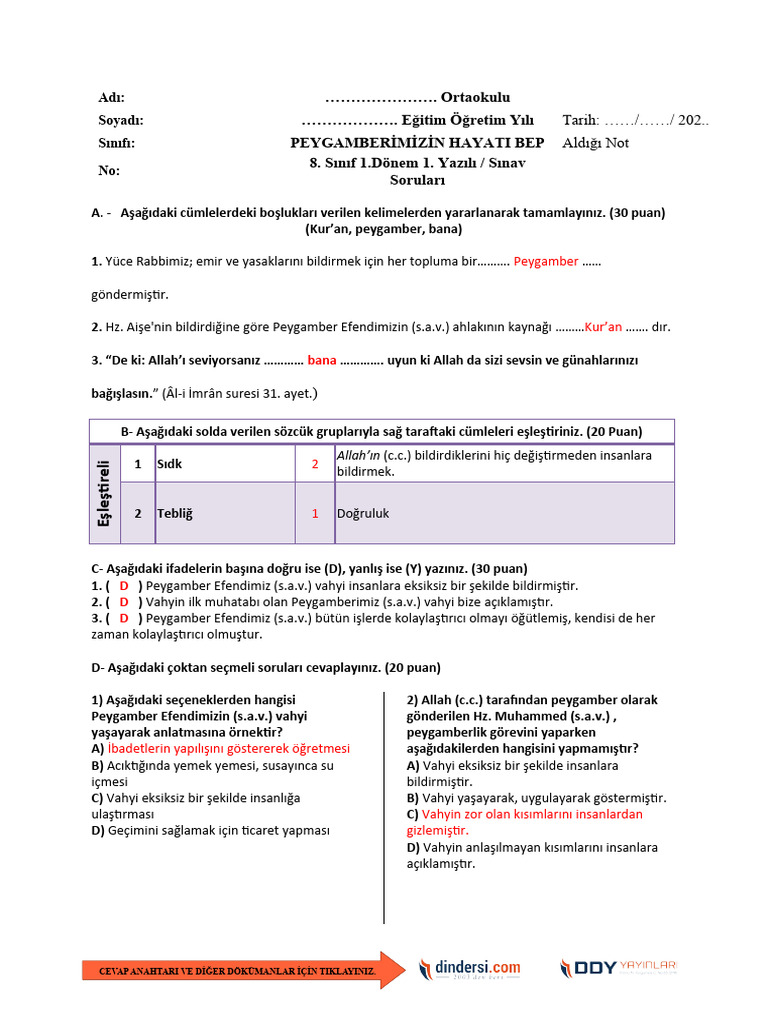 8sinif Peygamberimizin Hayati 1donem 2yazili Bep 1 | PDF