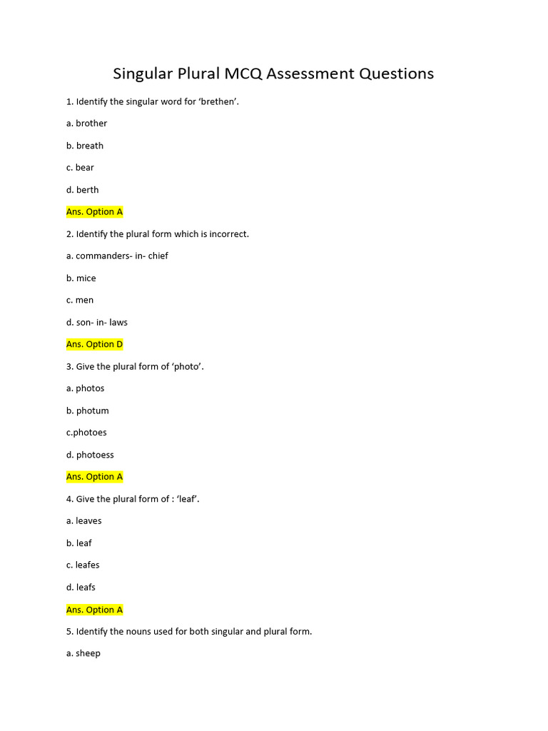 Singular Plural MCQ Assessment Questions - 8d797afe 5945 4b75 B3e0 ...