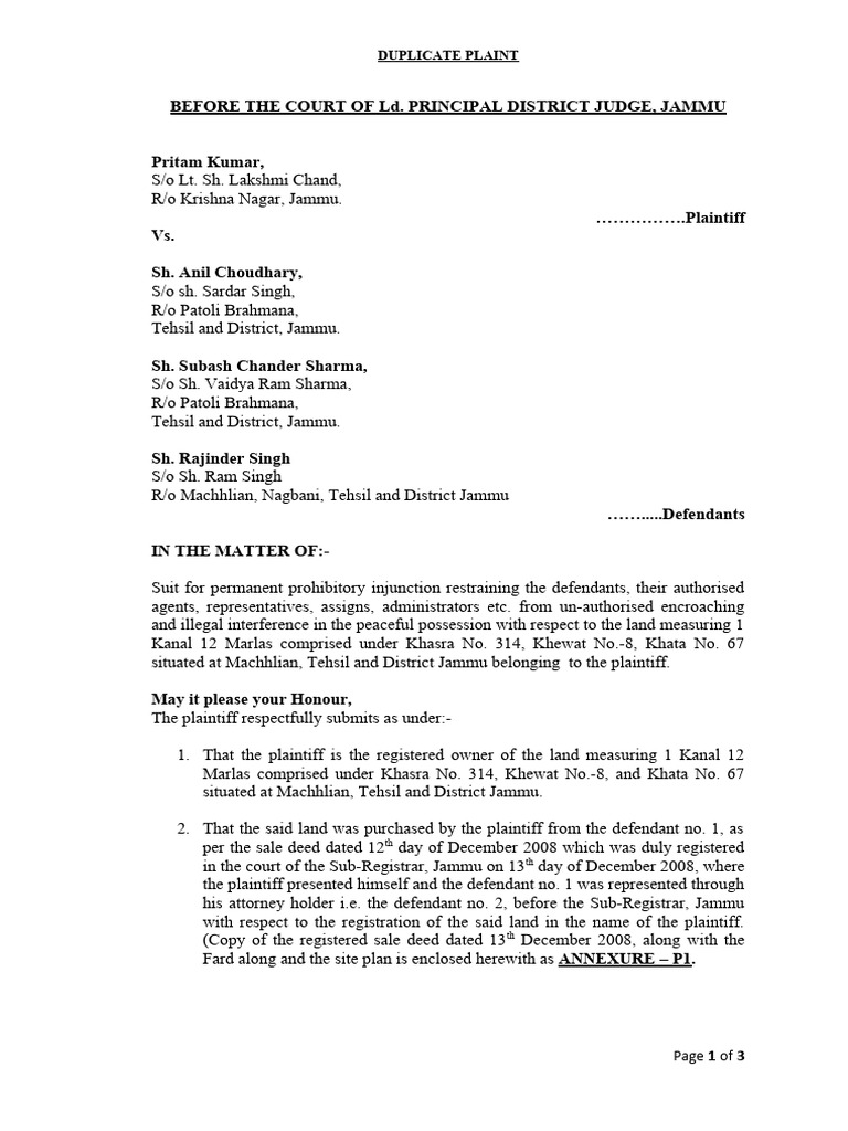 Duplicate Plaint-Civil Suit of SH Pritam Singh For Permanent ...