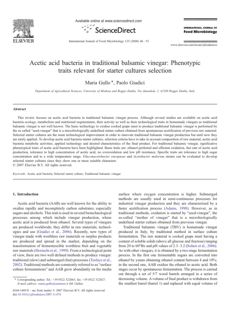 Acetic Acid Bacteria in Traditional Balsamic Vinegar Phenotypic Traits Relevant For Starter ...