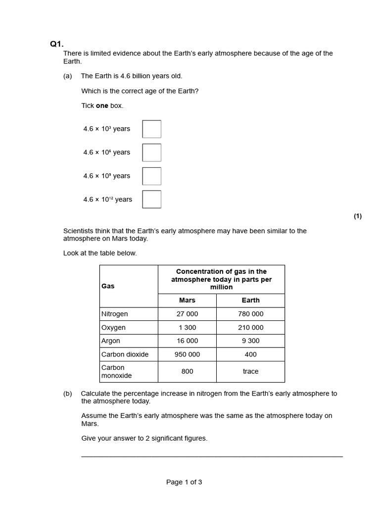Earths Early Atmosphere EXAM QUESTIONS MS | PDF | Atmosphere | Earth