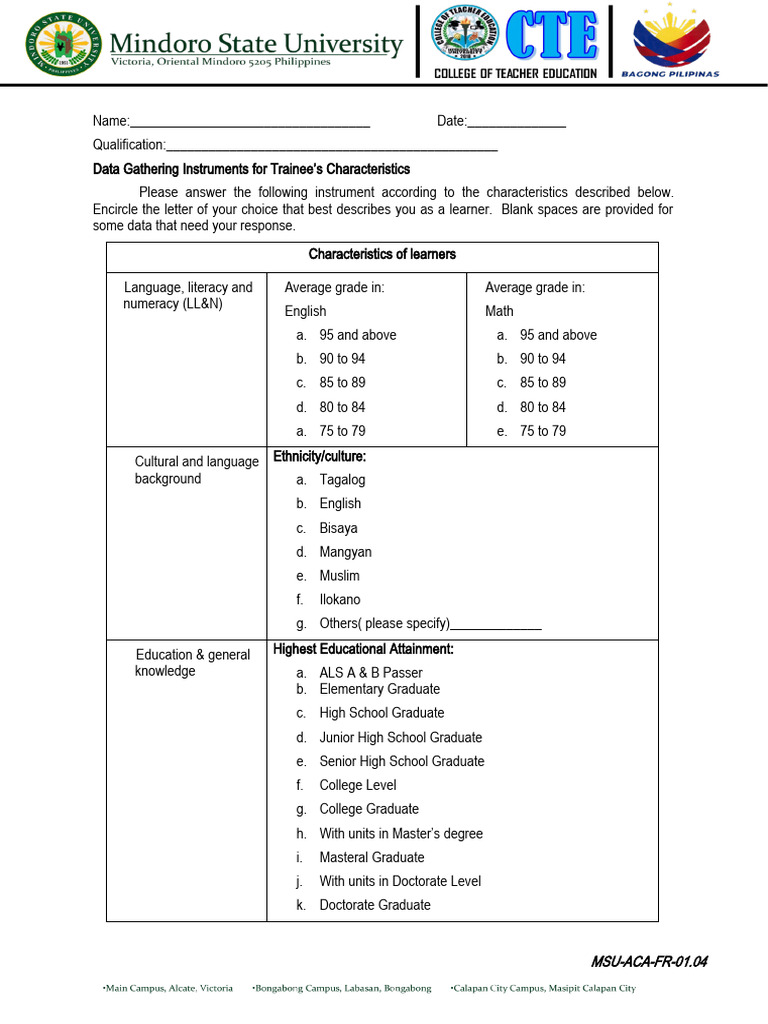 Data Gathering Instrument For Trainee | PDF | Learning | Learning Styles
