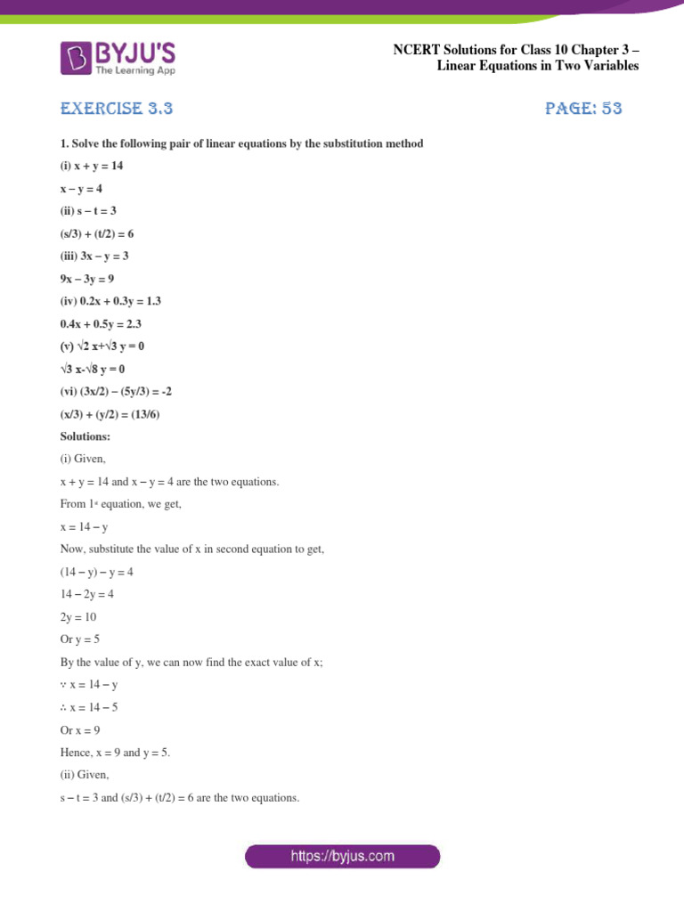 NCERT Solutions For Class 10 Chapter 3 Linear Equations in Two Variables Exercise 3.3 | PDF ...
