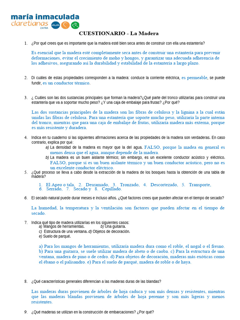 CUESTIONARIO MADERA | PDF | Madera | Abrasivo