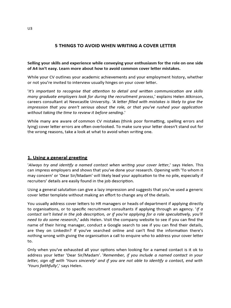 5 Things To Avoid When Writing A Cover Letter | Download Free PDF | Proofreading | Recruitment