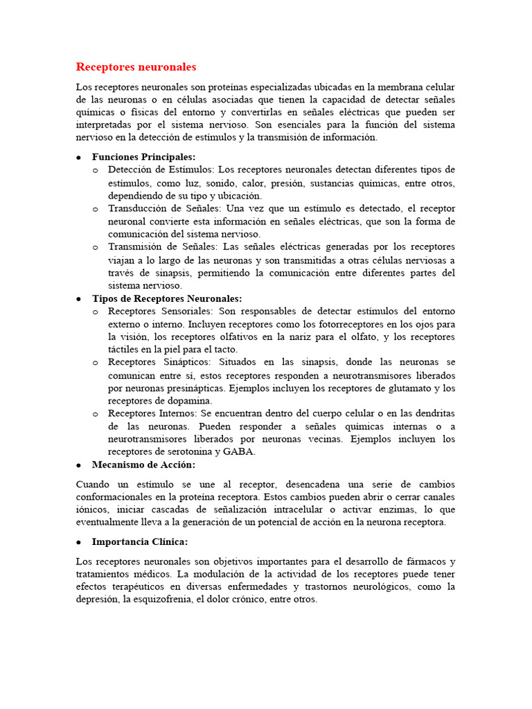 Receptores Neuronales: Funciones y Tipos | PDF | Neurona | Sinapsis