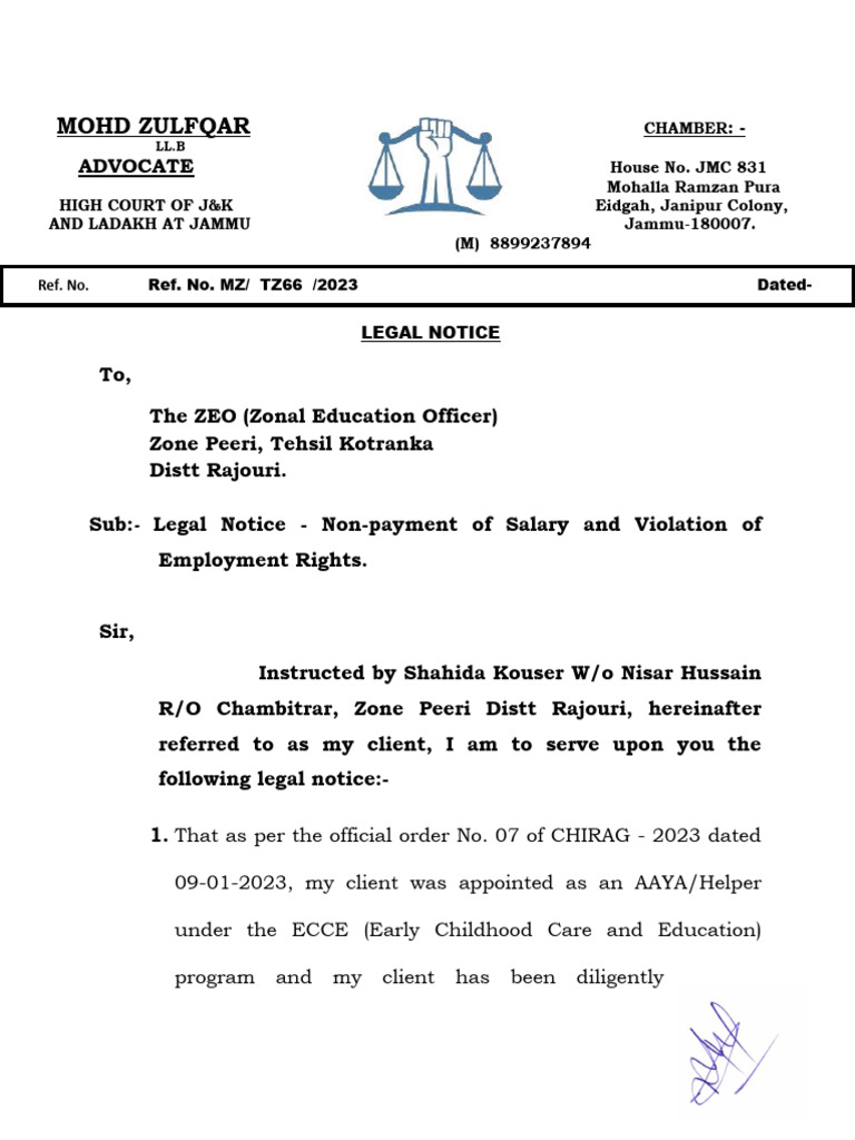 Legal Notice for Salary Dispute | PDF | Salary | Labour Law