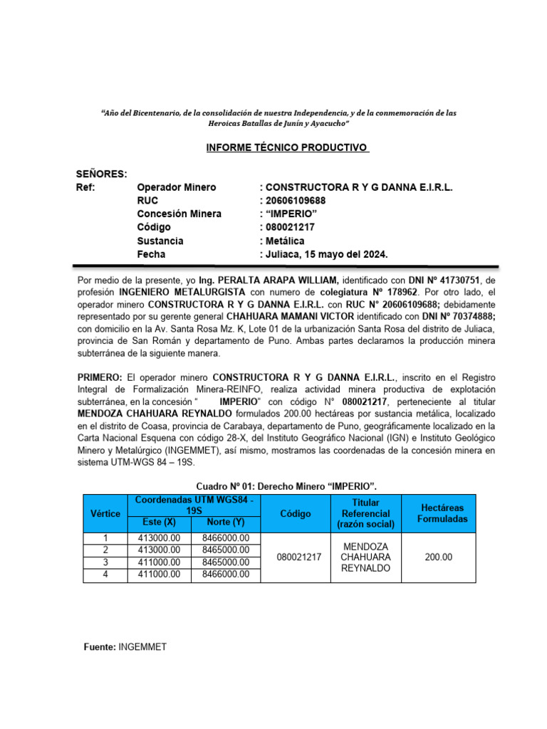 Informe Técnico Productivo - Constructora R y G Danna Empresa Individual de Responsabilidad ...