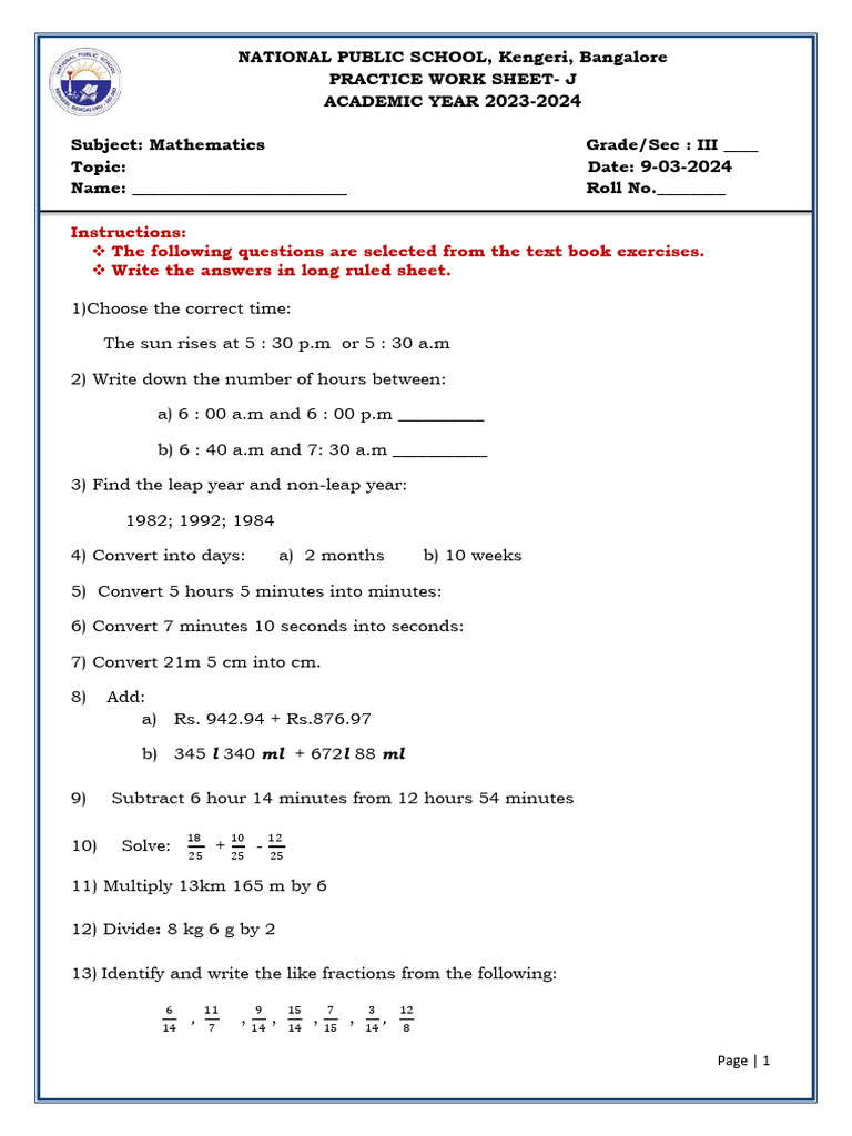 Gr-3 Teams Worksheet J-1 | Download Free PDF | Mathematics