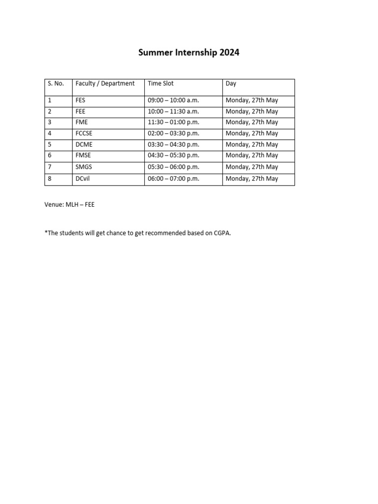 Session Schedule - Summer Internship 2024 by ORIC | PDF
