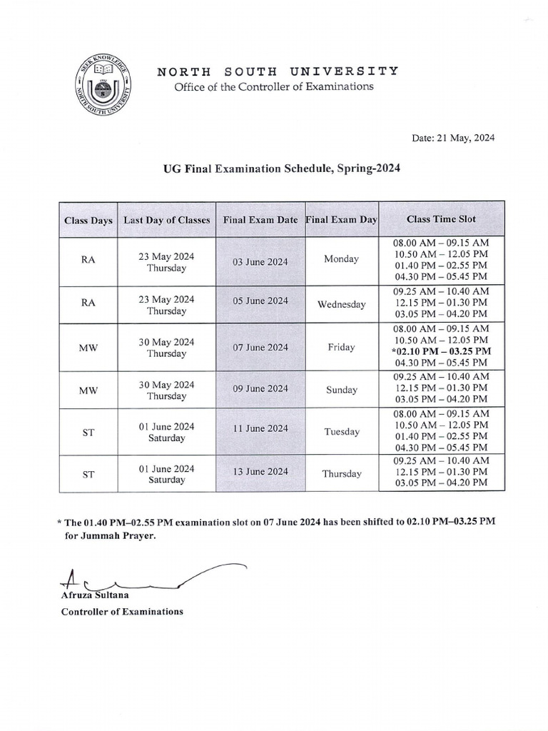 Ug Final Examination Schedule, Spring 2024 | PDF
