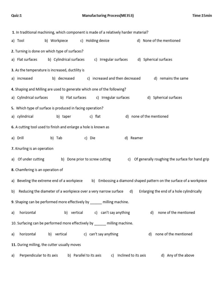 Traditional Machining MCQs | PDF | Machining | Metalworking