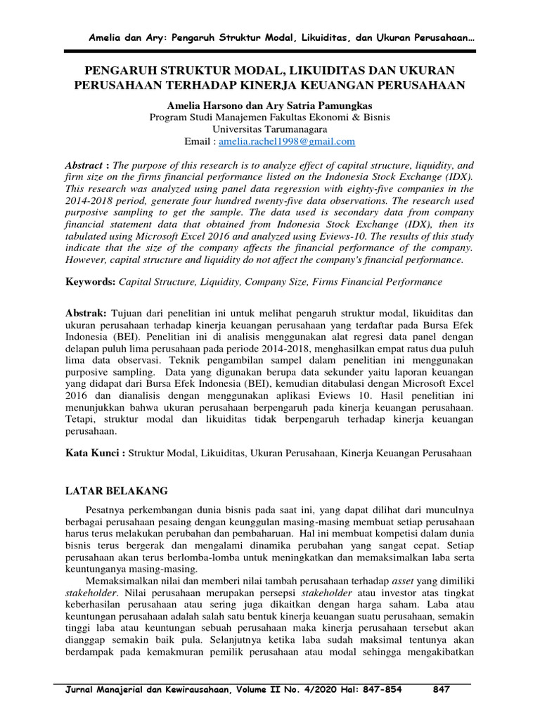(Amelia 2020) Pengaruh Struktur Modal, Likuiditas, Ukuran PRSH THDP Kinerja Keuangan PRSHN | PDF ...