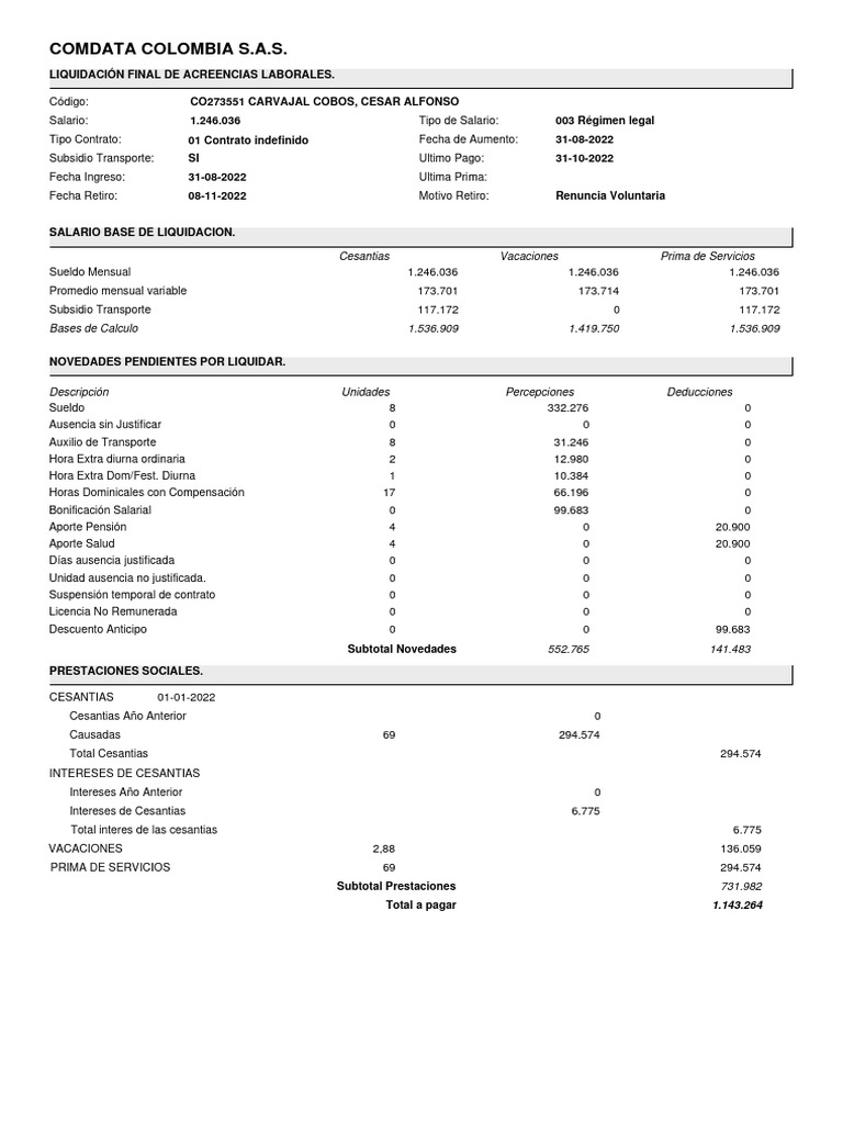 Liquidación Laboral Comdata Colombia | PDF | Salario | Economias