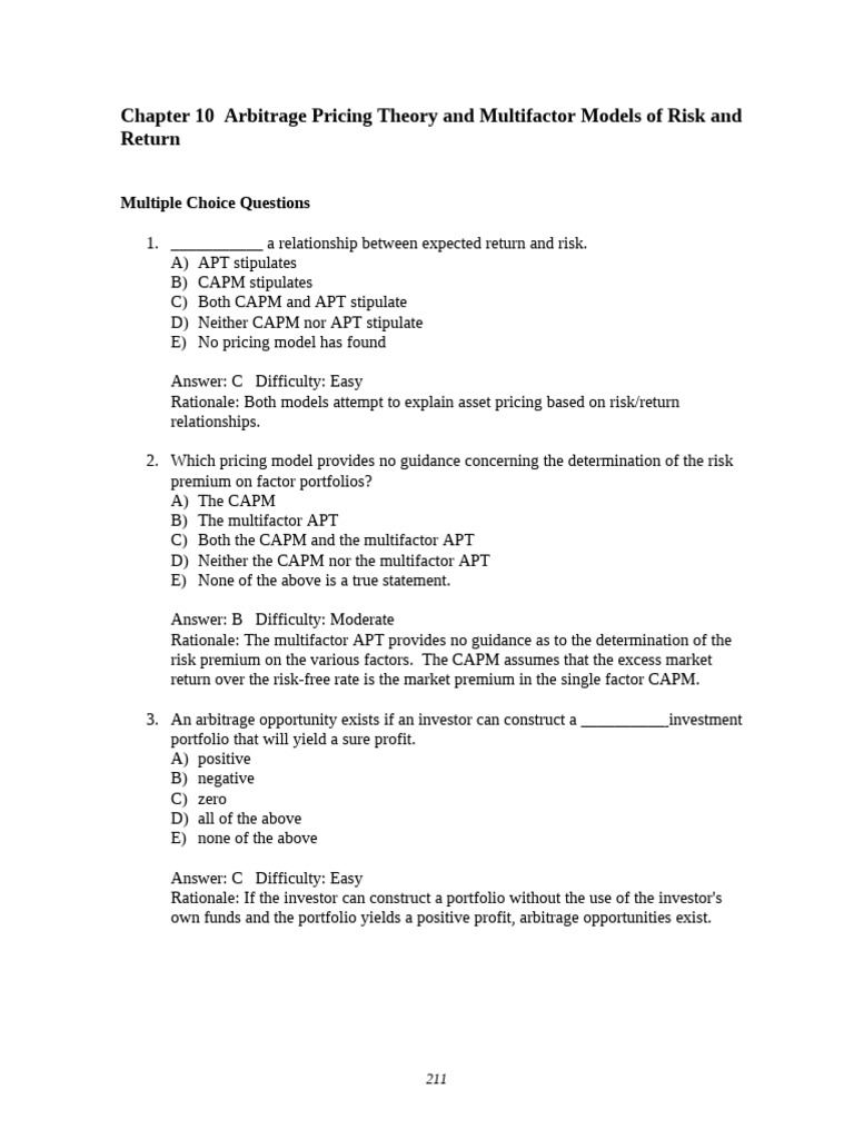 Arbitrage Pricing Theory and Multifactor Models Questions | PDF | Capital Asset Pricing Model ...
