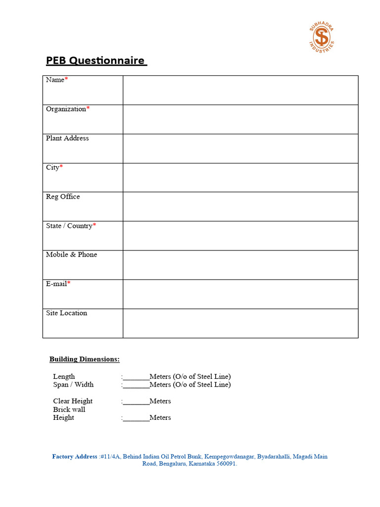 PEB Questionnaire HSM | PDF | Materials | Architectural Elements