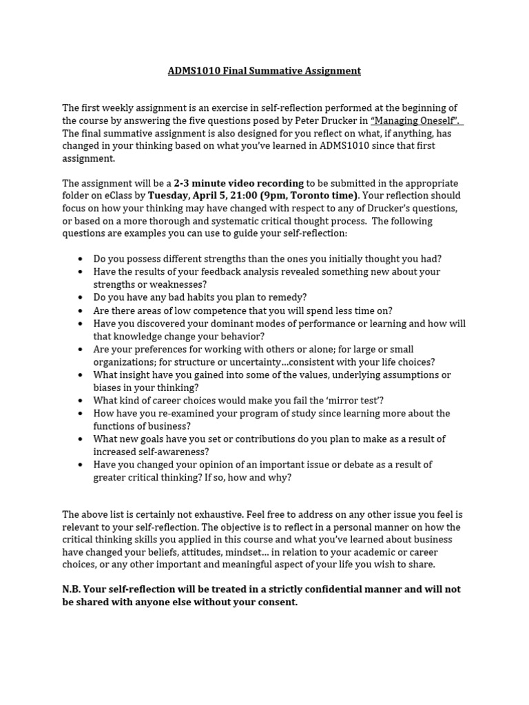 ADMS1010 Self-Reflection Assignment | PDF | Thought | Critical Thinking