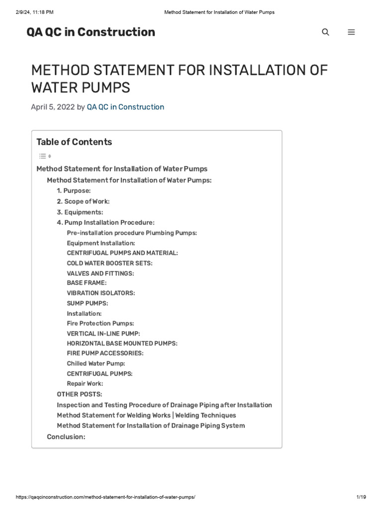 Water Pump Installation Method Statement | PDF | Pump | Valve