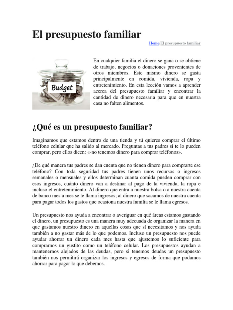 El Presupuesto Familiar | PDF | Presupuesto | Dinero
