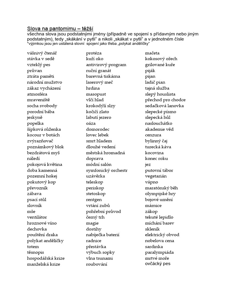 Slova Na Pantomimu - Těžší: Výjimkou Jsou Jen Ustálená Slovní Spojení ...