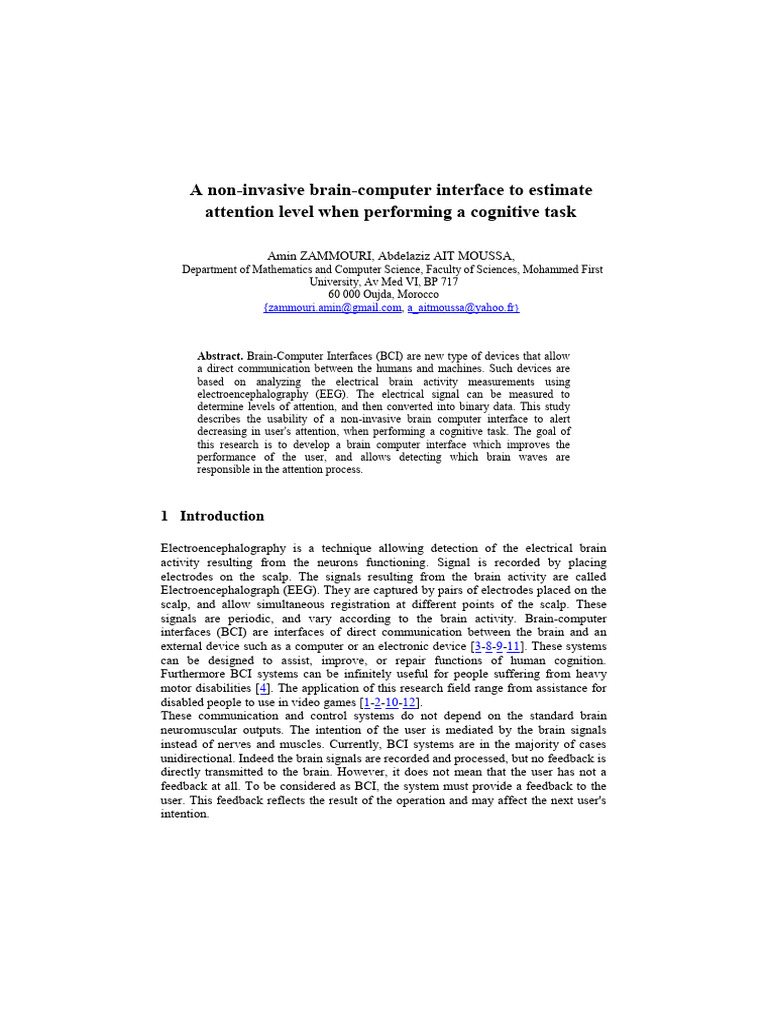A Non Invasive Brain Computer Interface To Estimate Attention Level When Performing A Cognitive