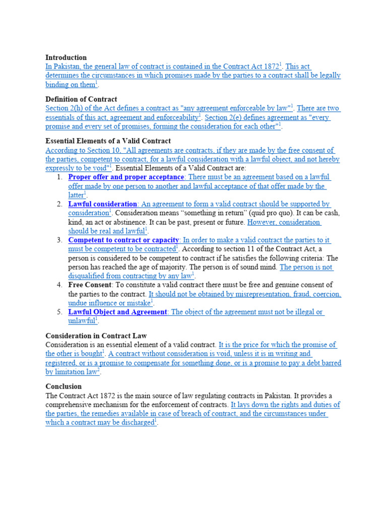 Pakistan Contract Law Essentials | PDF | Consideration | Private Law