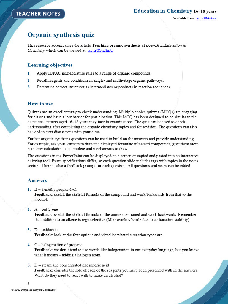 Organic Synthesis Quiz for Students | PDF | Chemical Reactions ...